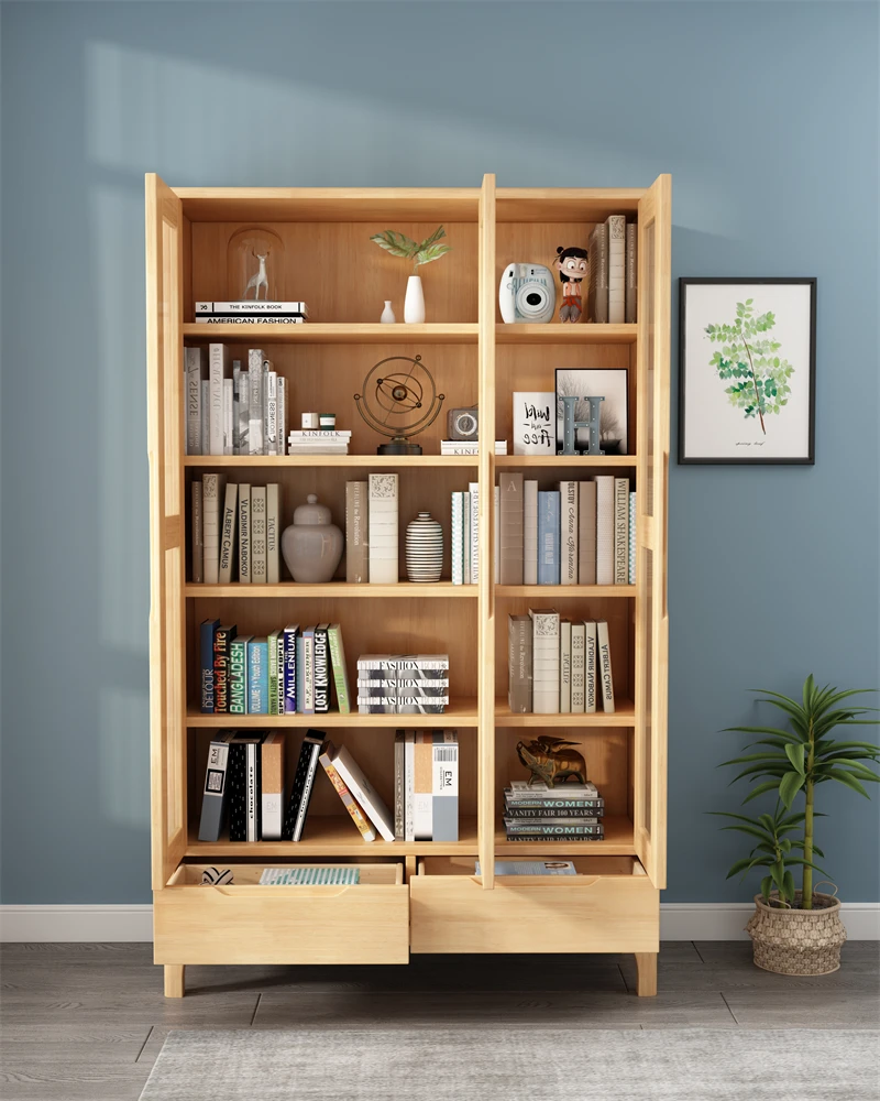 Nordic Solid Wood Oak Bookcase With Toughened Glass With Door To ...