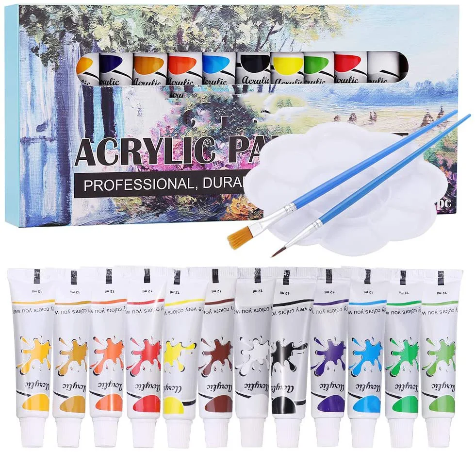 High Quality 12 Colors 12ml Acrylic Paint 2pcs Paint Brush And 1 ...