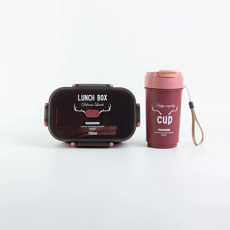 1L Plastic Leak Proof Lunch Box with 2 Compartments and Water Bottle ...