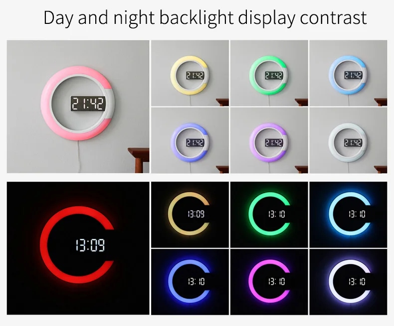 Simple 3D LED Mirror Clock - Seven Color Light Options