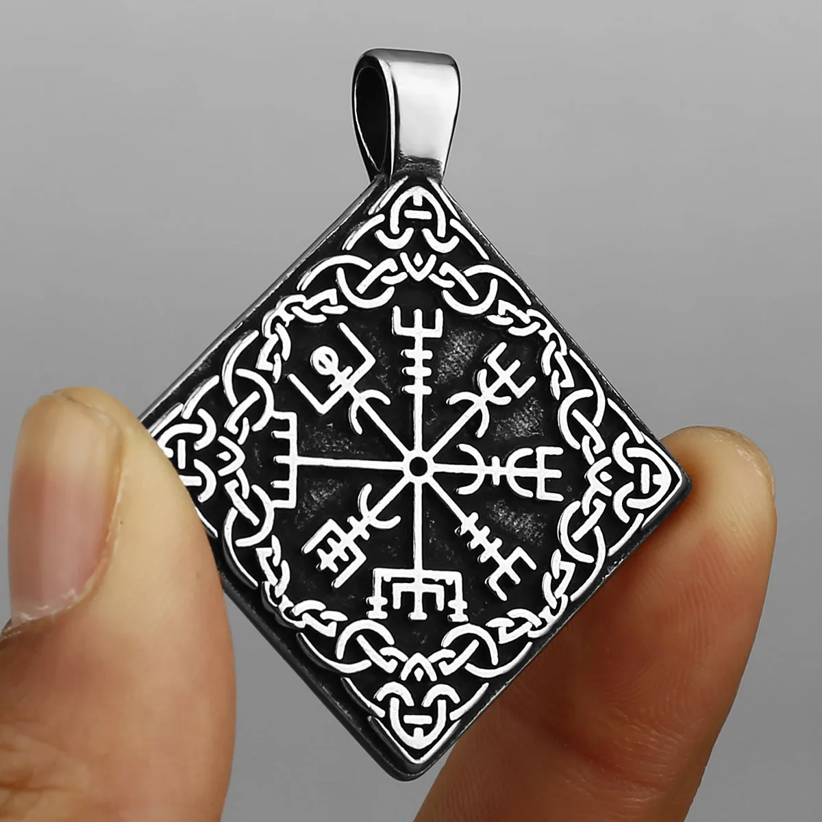 Viking Compass Rune Square Titanium Steel Pendant Odin Necklace Men's ...