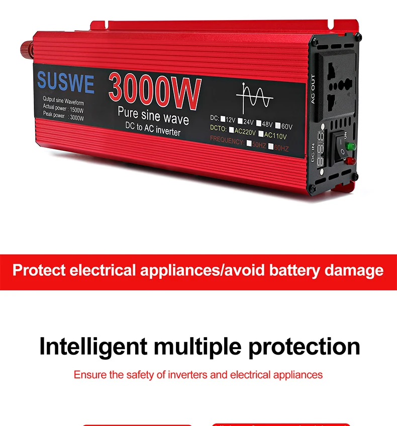 SUSWE 3000W Pure Sine Wave Inverter - 12V & 24V DC/AC Power Inverter ...