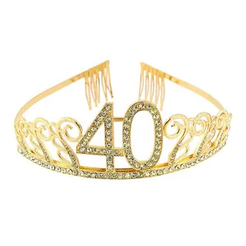 Gold Rhinestone 40 Birthday Crown Headband Cake Topper For Women Happy ...