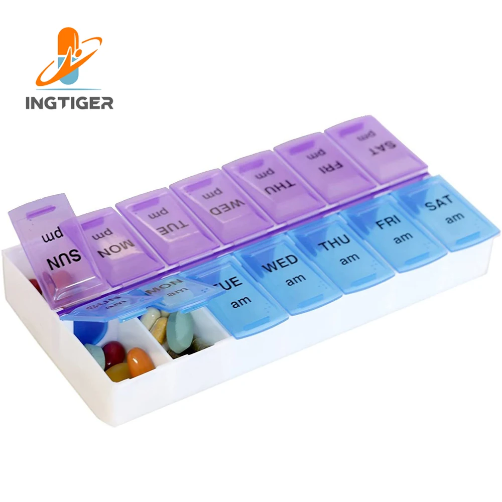Blue And Purple Color Weekly 7 Days 14 Cases Plastic Pill Box - Buy ...