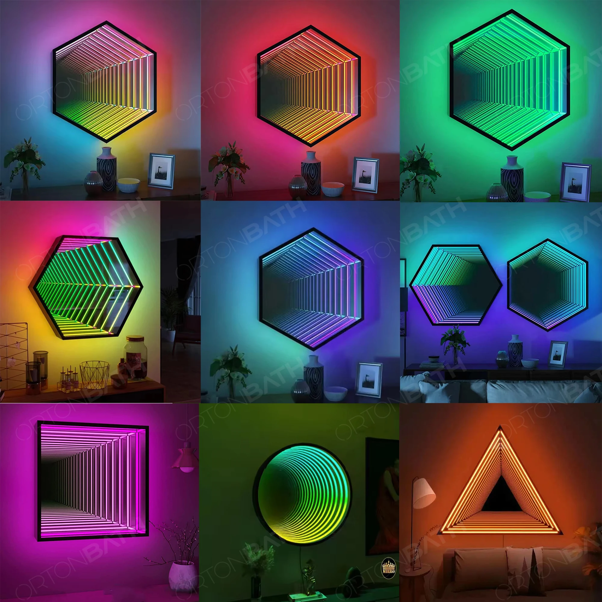 ORTONBATH Mirror Remote Control LED Infinity Wall Mirror Frame