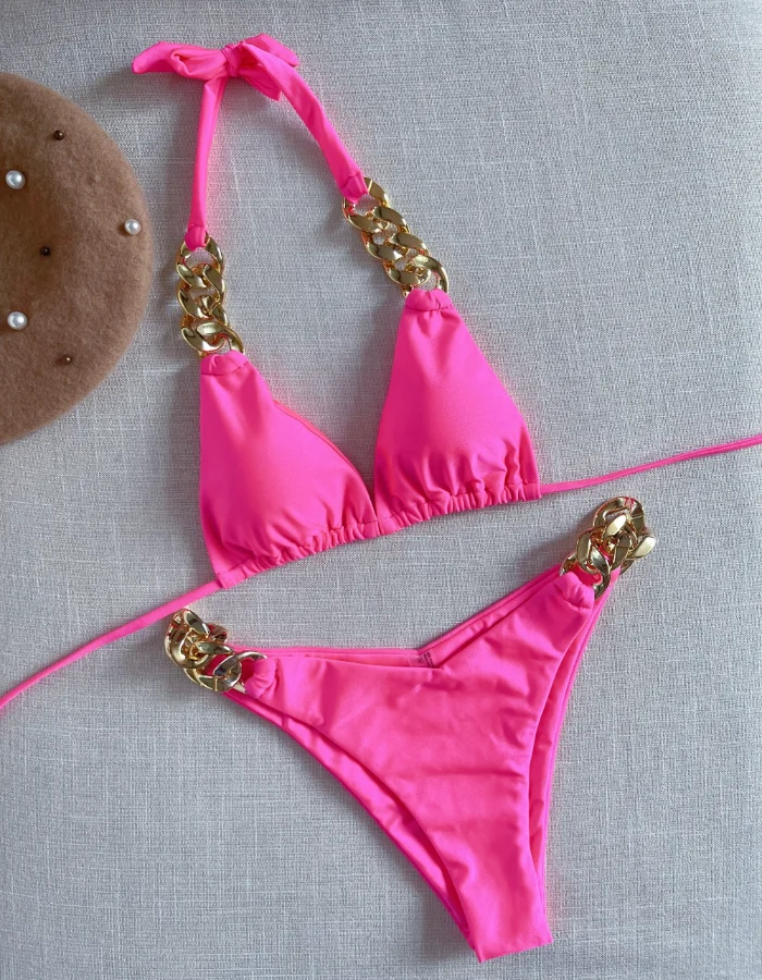 New Sexy Triangle Swimsuit Gold Chain Bikini Solid Color Bandage ...