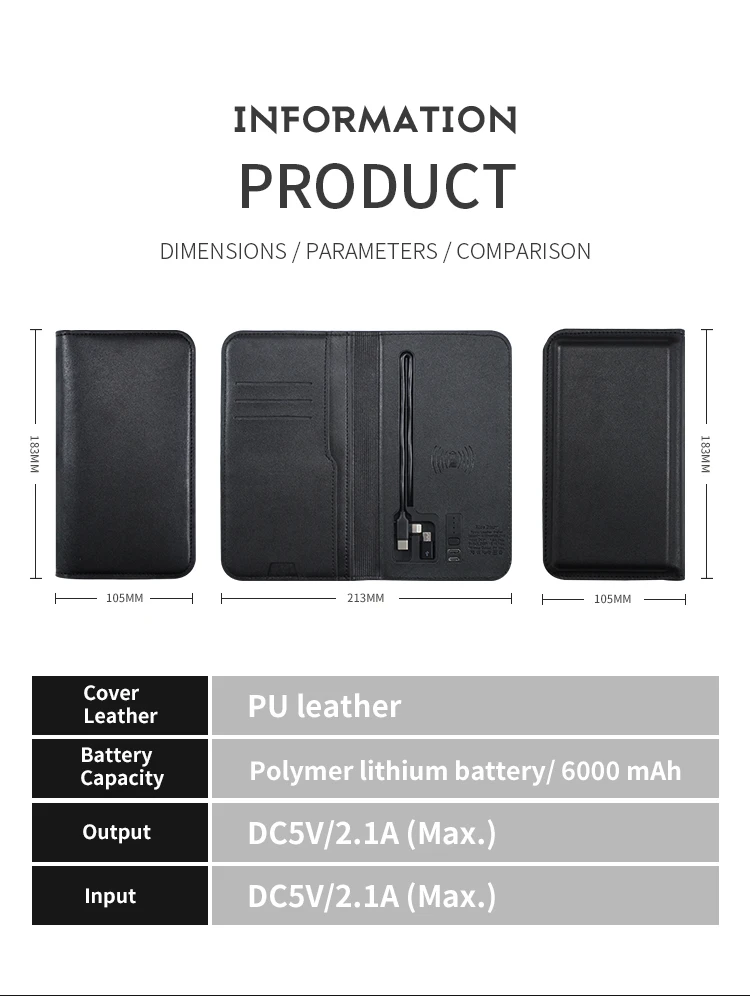 Pu Leather Wireless Charging Wallet Power Bank 6800mah Charger Wallet ...