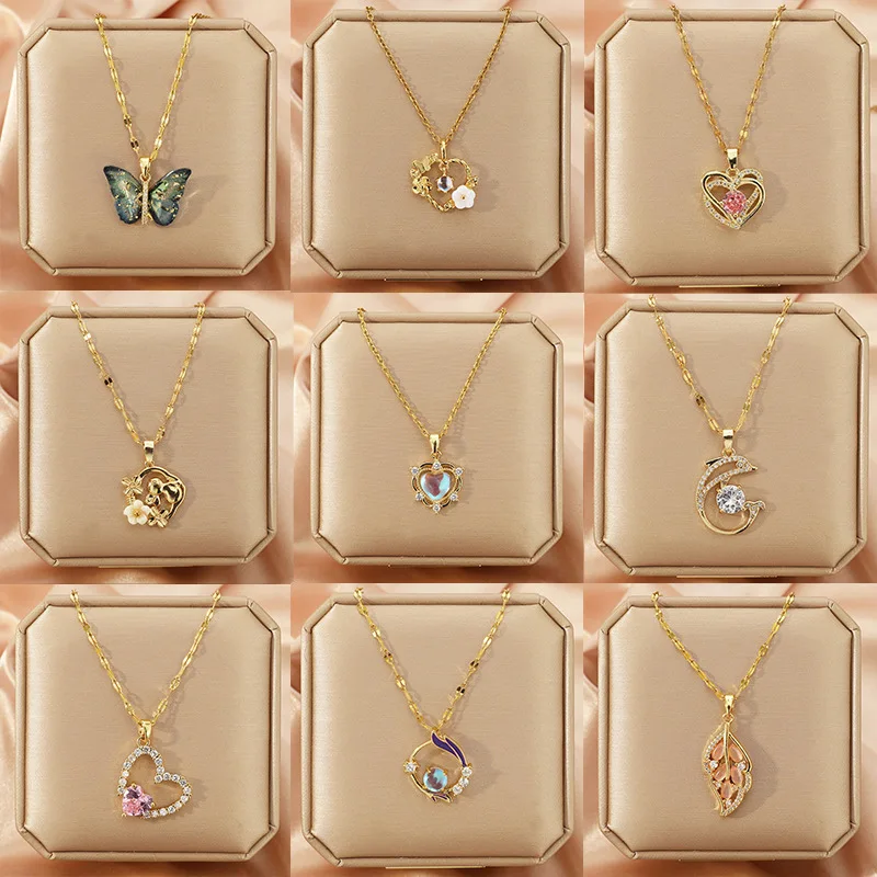 Trendy 18k Gold Plated Necklace Set for Women - Stainless Steel Heart ...