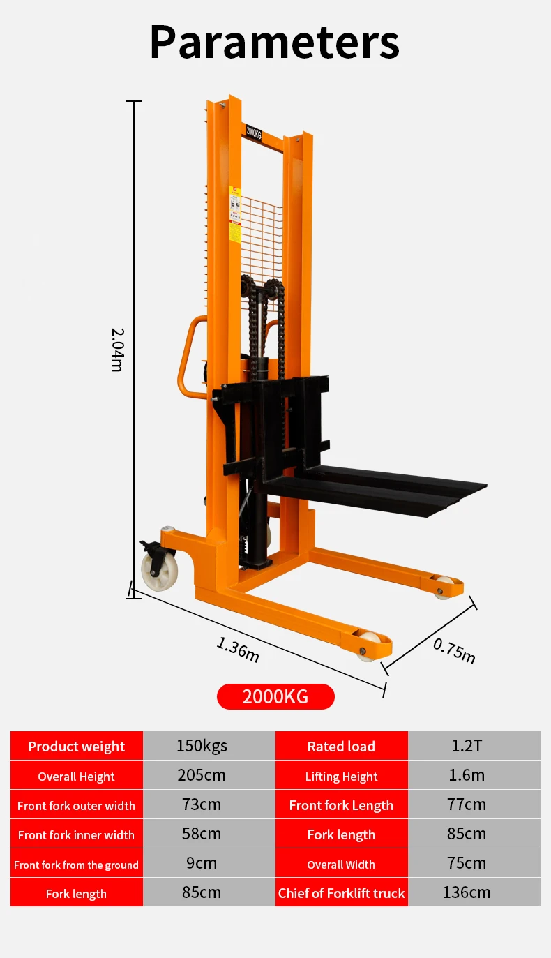Hand Fork Lift 1.5t Manual Stacker - 3000kg Capacity