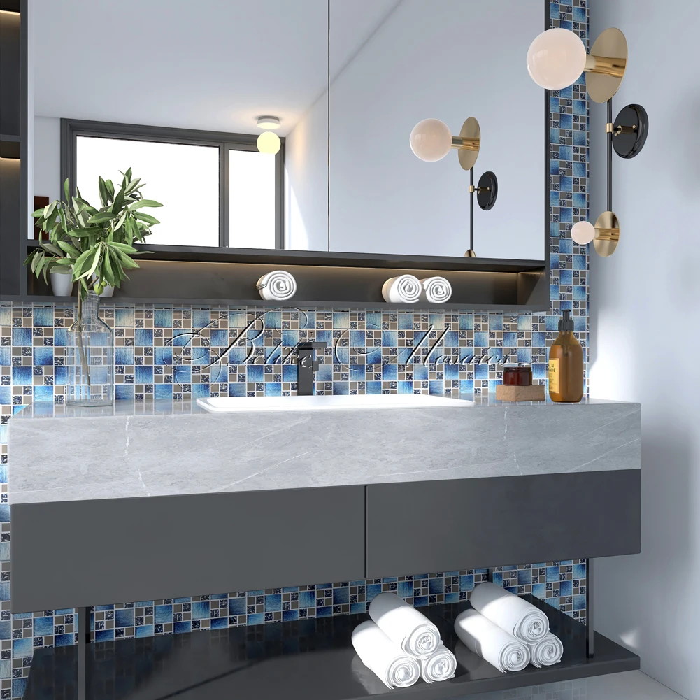 Blue Gradient Tactile Relief Glass Mosaic Wall Tile Elegant Ambience ...