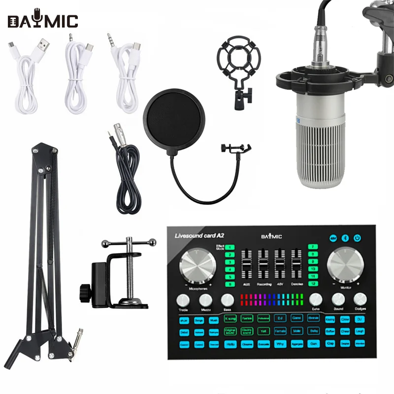 Professional 48v Audio Mixer Sound Card With Microphone For Broadcasting
