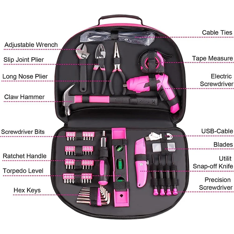 Home Tool Set 122 Pieces Tool Bag Set Color Pink Lady Tool Kit Set ...