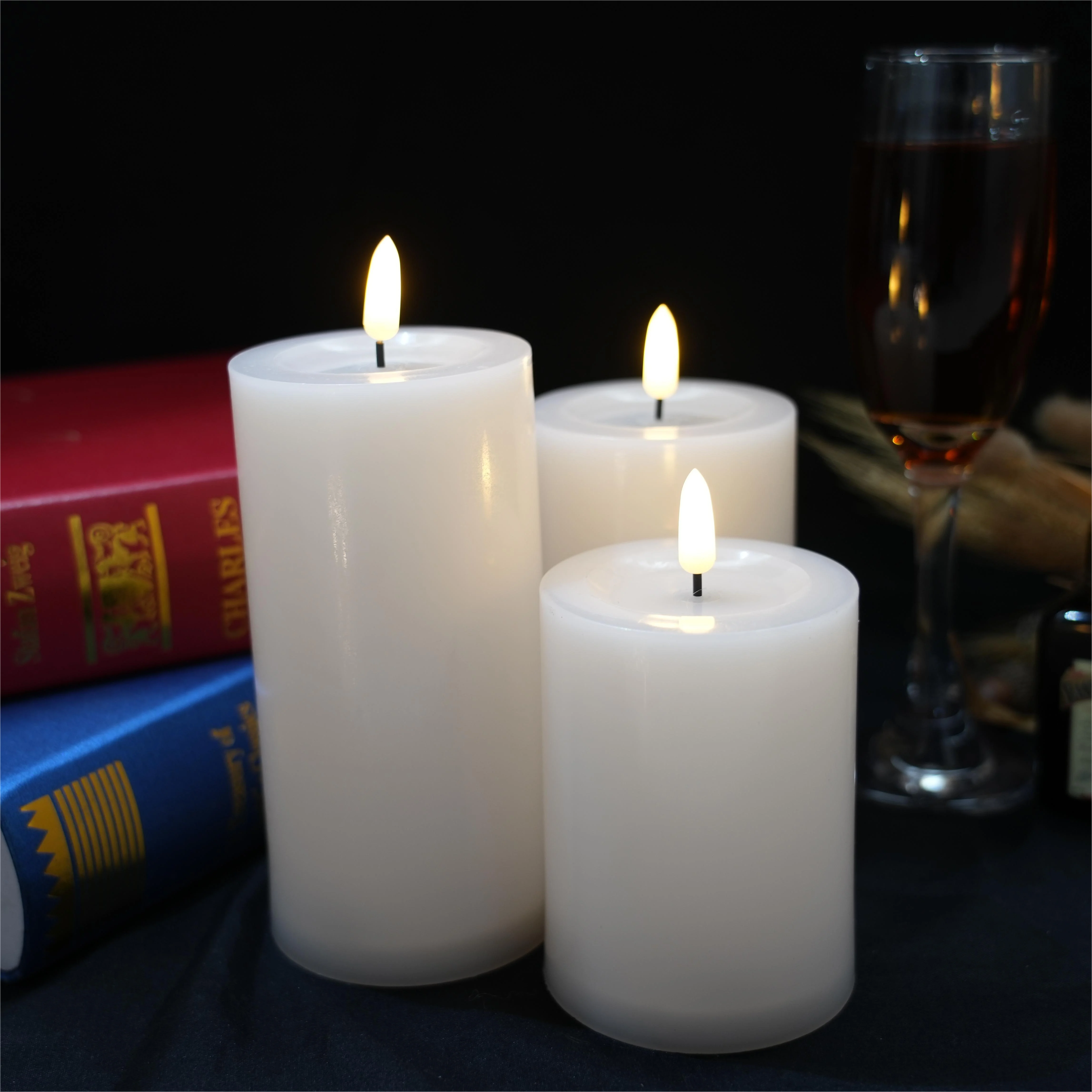 New Design 3D Wick Flameless Pillar Set 3 Inverted Wick Light Mirror ...