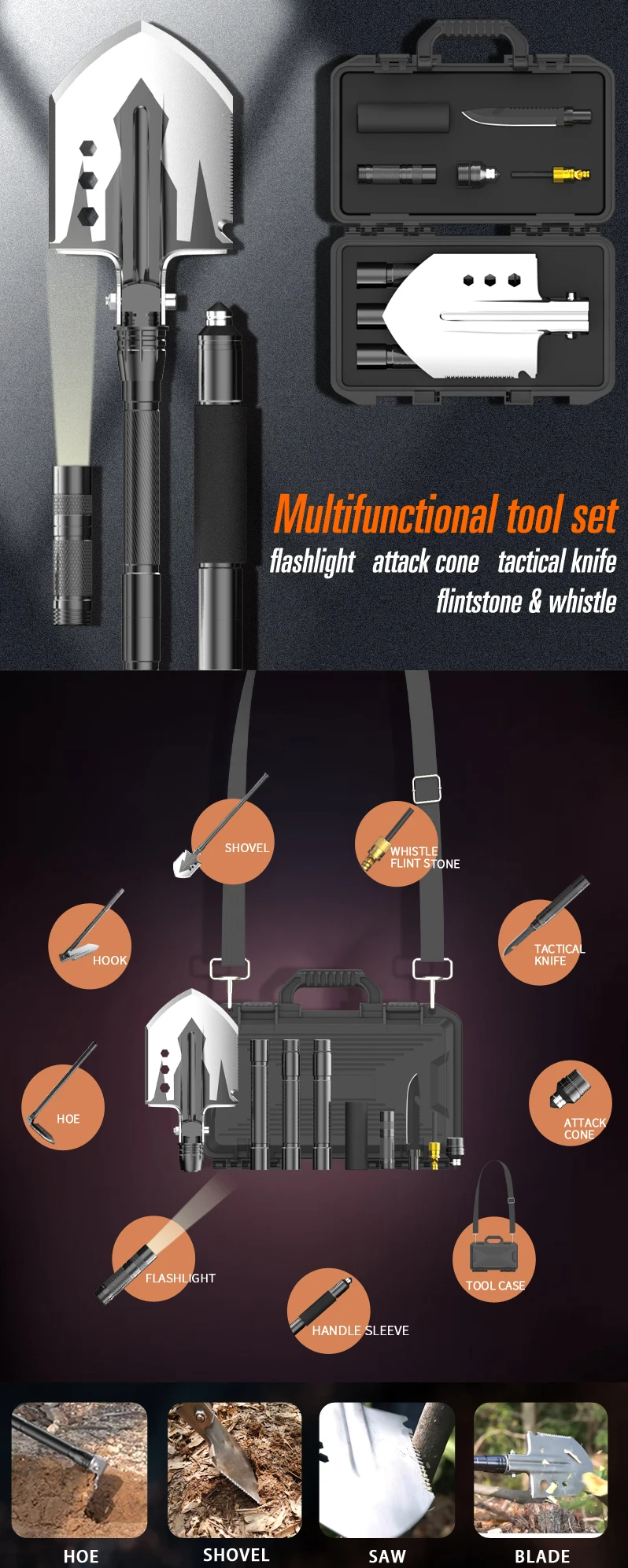 Stainless Steel Camping Shovel - 13in1 Outdoor Tool