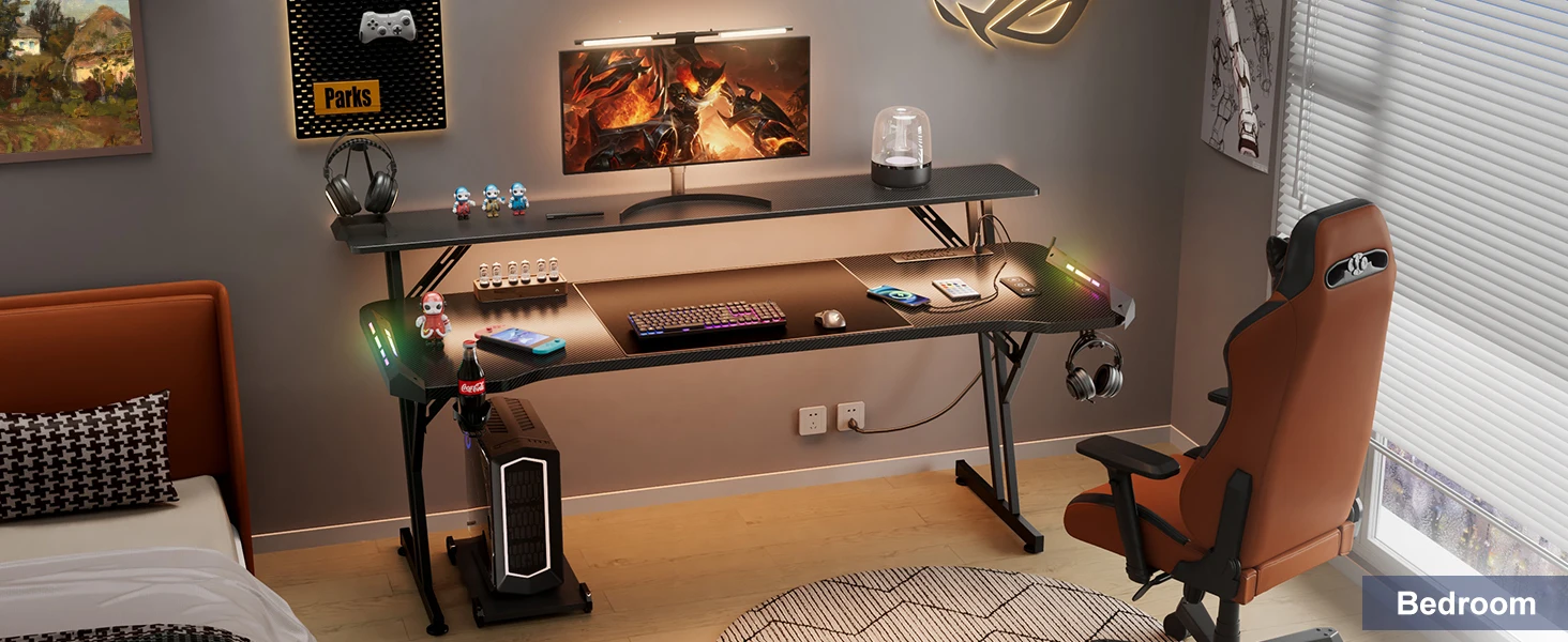 Ergonomic Gaming Desk with LED RGB, Outlets & Monitor Shelf