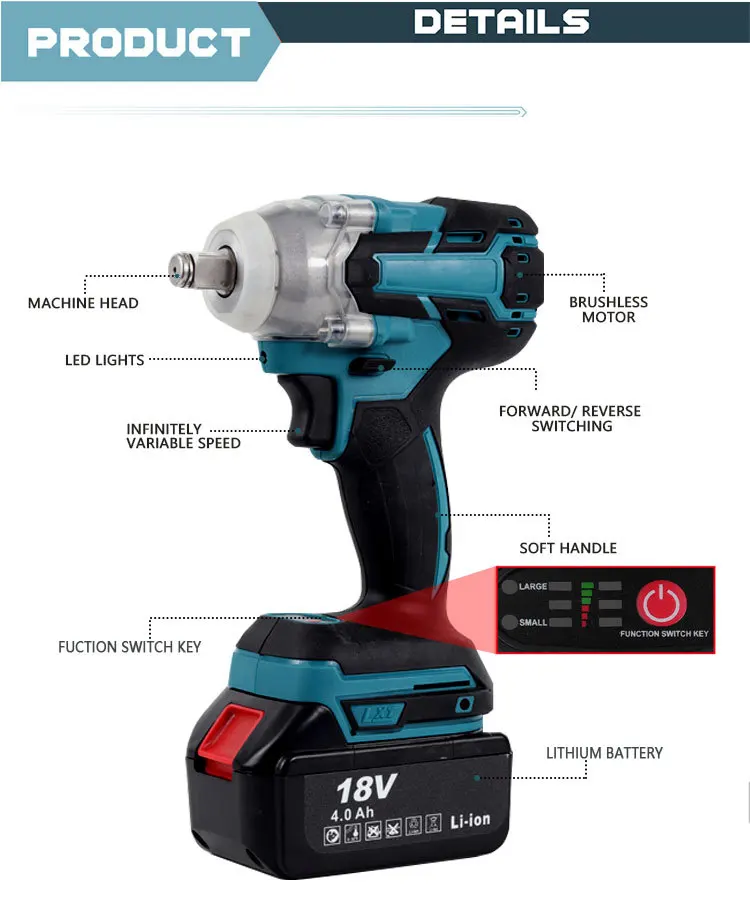 Brushless Cordless Electric Impact Wrench 1/2 Inch, Battery Powered ...
