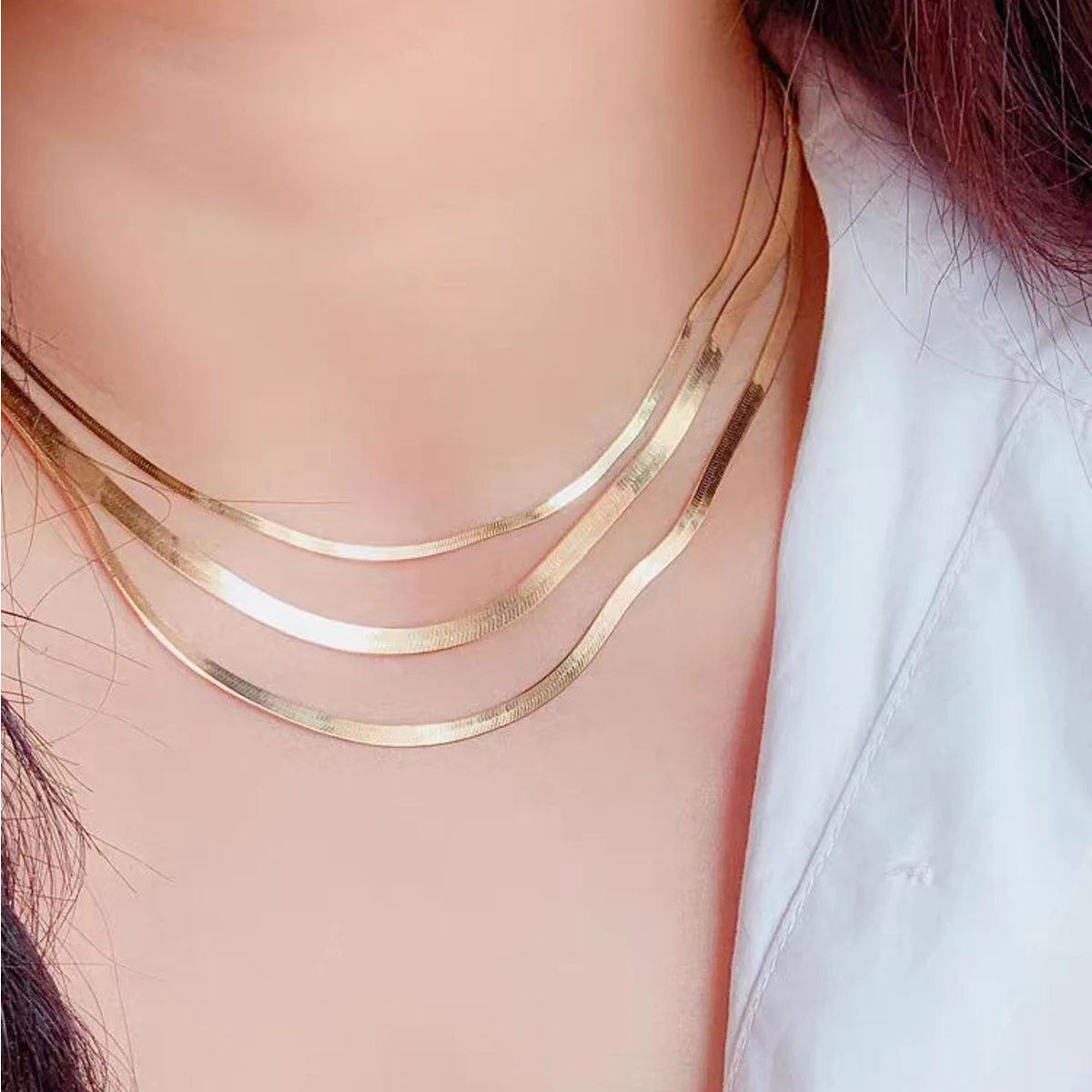 114k Genuine Gold Au585 Flat Snake Bone Chain Women's Short Plain Chain ...