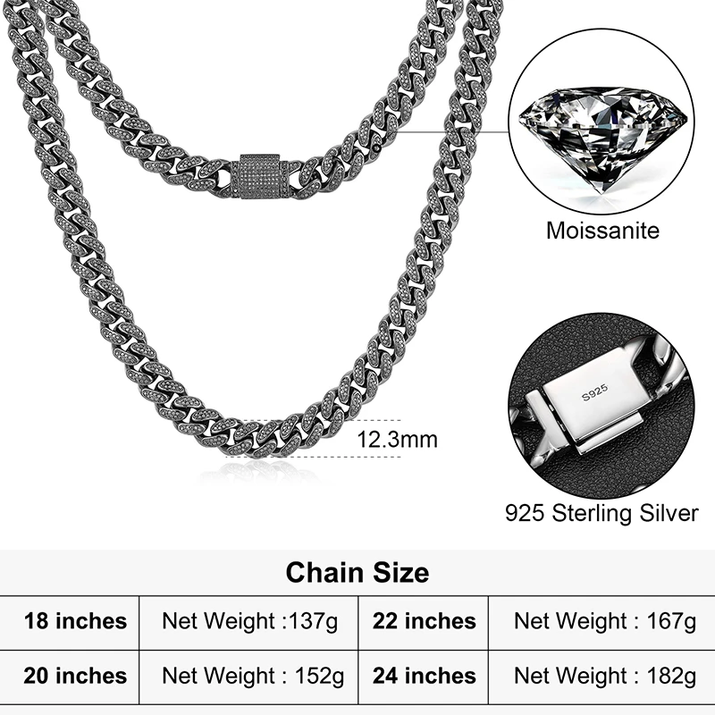 12mm Black VVS Moissanite Cuban Chain - 925 Sterling Silver