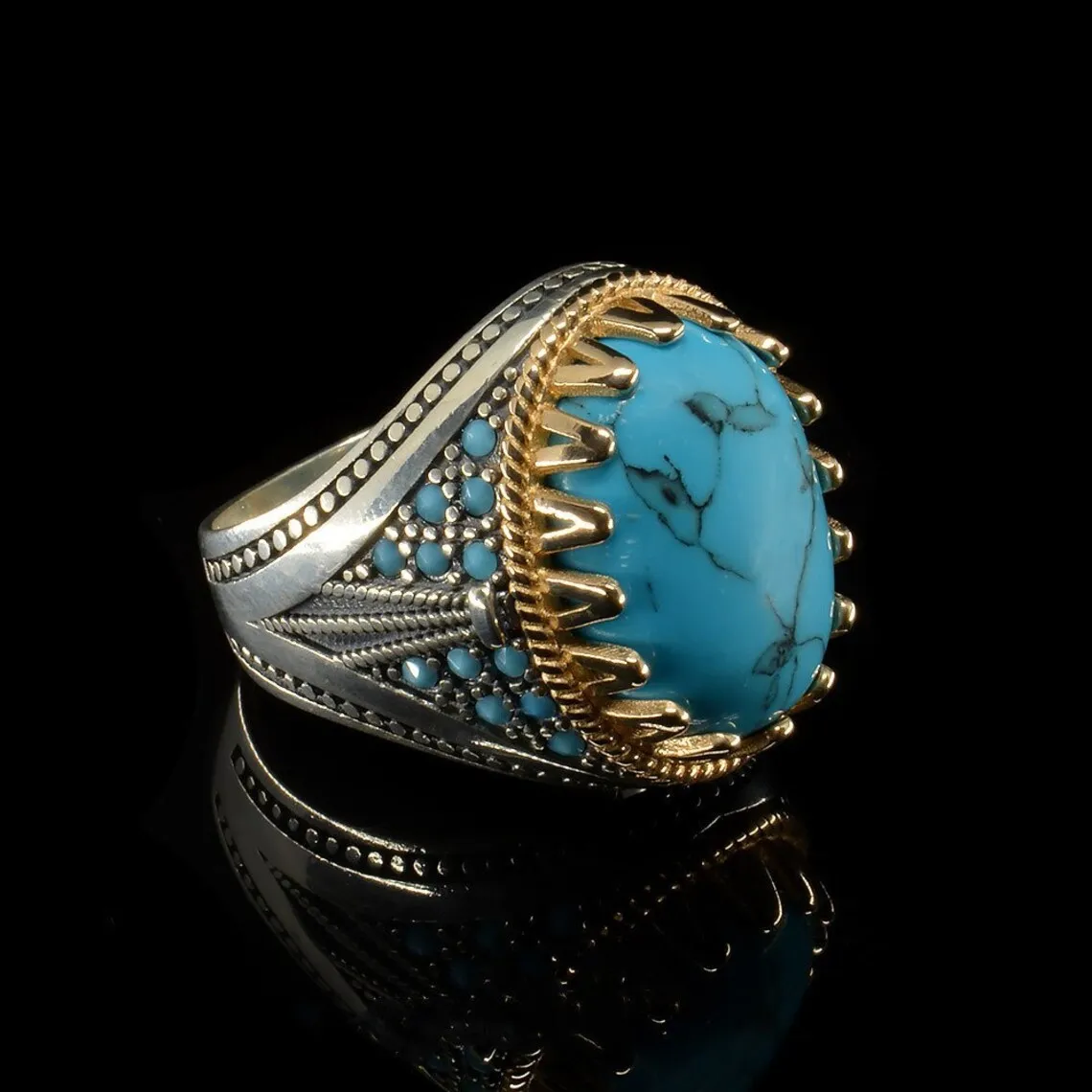 Retro Turquoise Stone Jewelry Inlaid Onyx Ring Gift Men Domineering ...