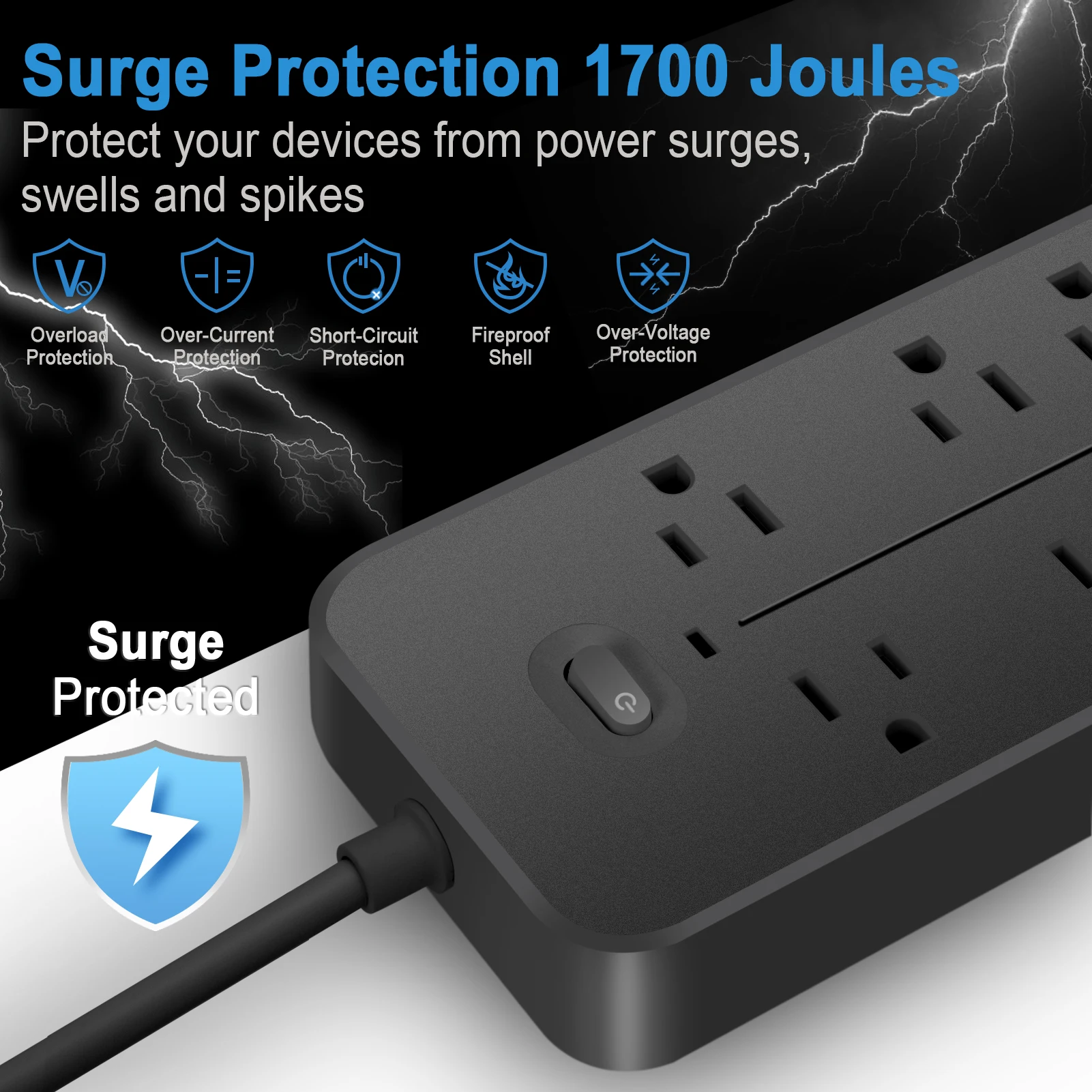 Us Standard Surge Protector Socket With 6 Outlets Flat Plug With 3 Usb ...