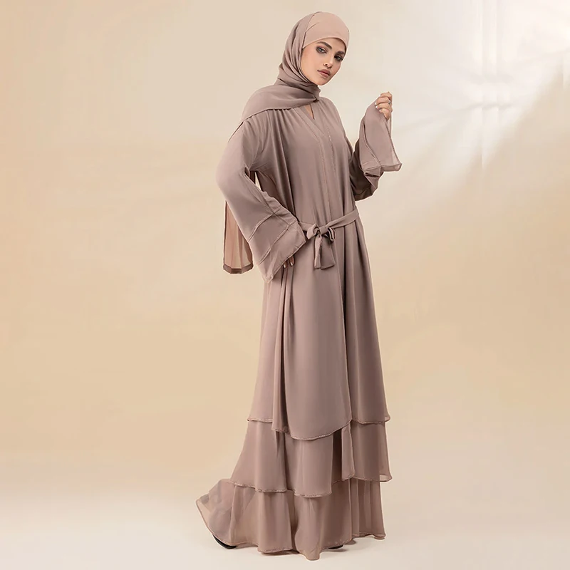Custom Islamic Clothing 2 Pieces Kimono Muslim Hijab Chiffon Layered Abayas Set Front Open ...