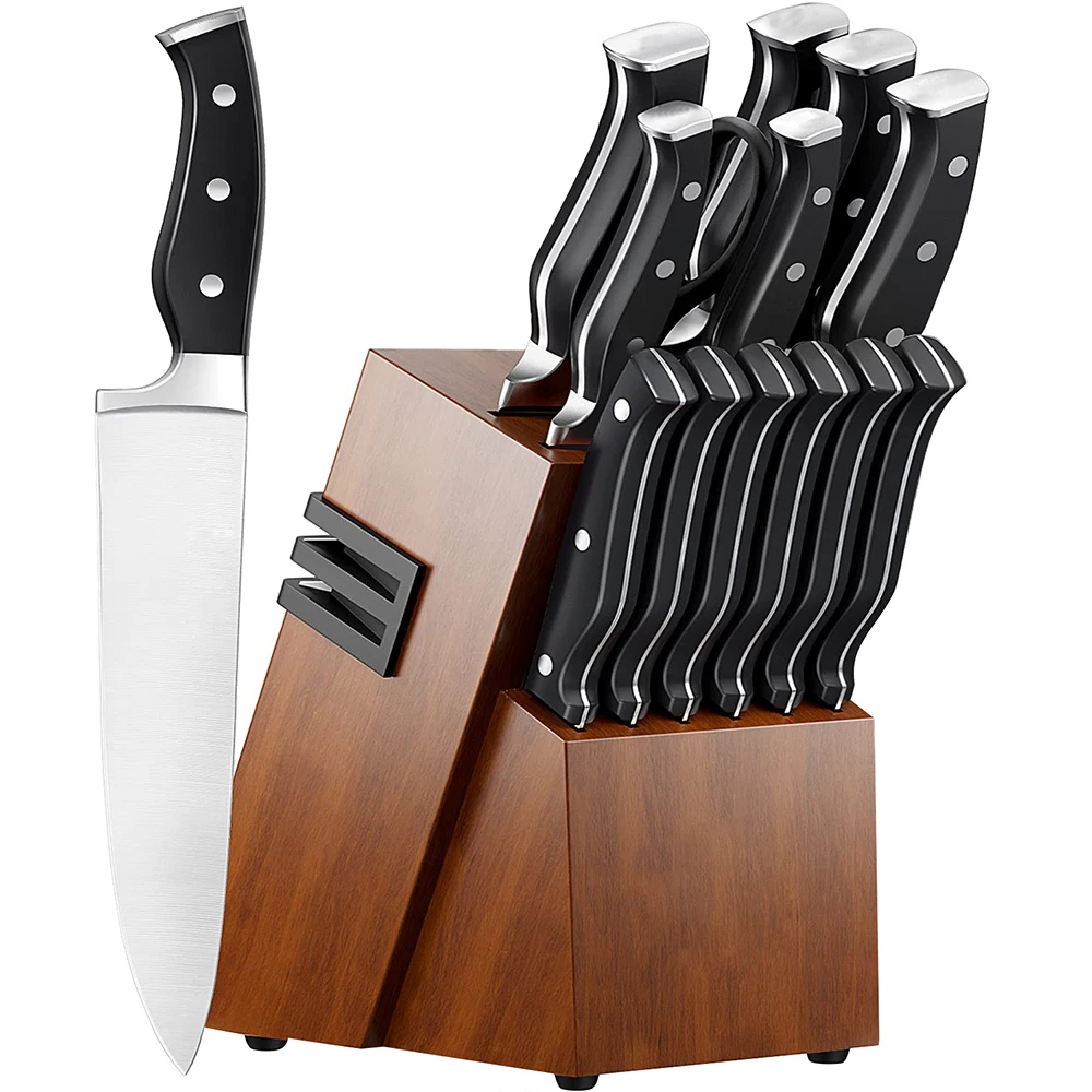 Professional Kitchen Knives Accessories Wood Kitchen Knife Block Set 15 ...