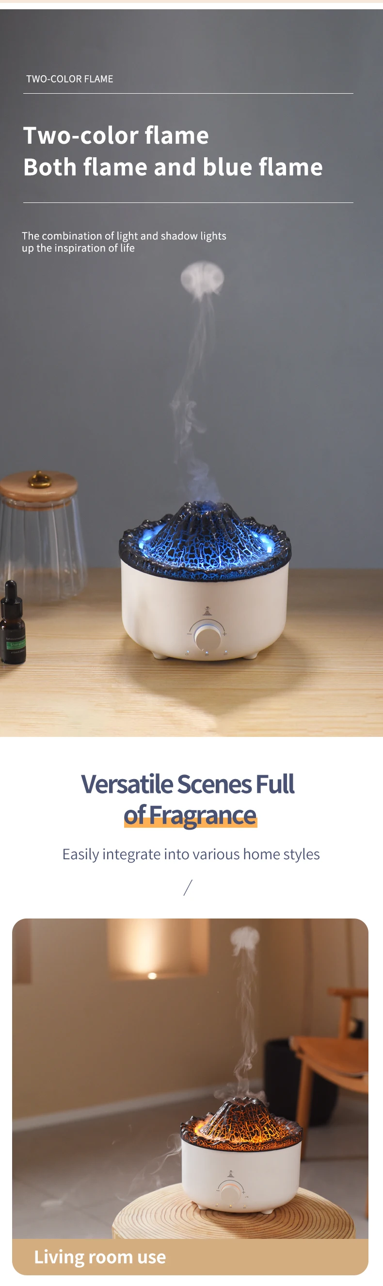 Newest Creative Style Volcano Design Flame Humidifier 560ml Remote Control Portable Ultrasonic ...