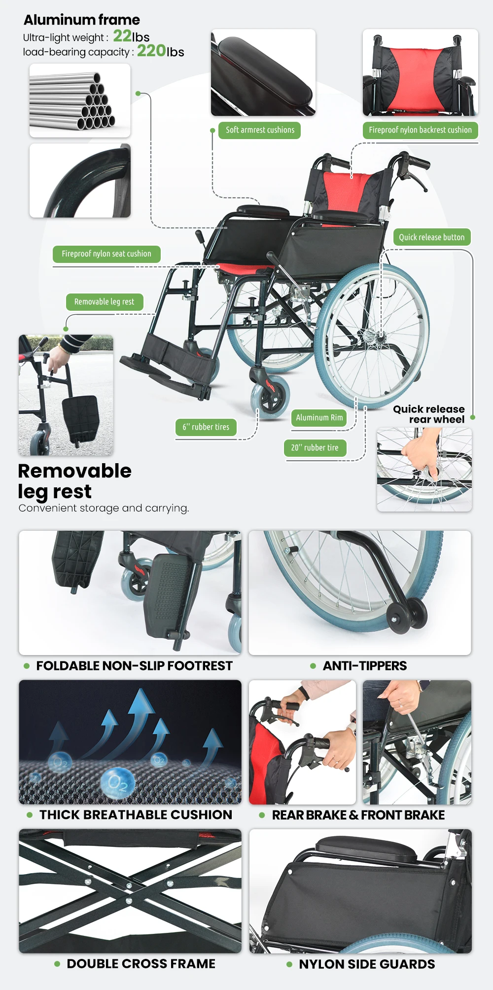 Aluminum Alloy Frame Manual Wheelchair 100kg Load Capacity ISO13485/CE ...