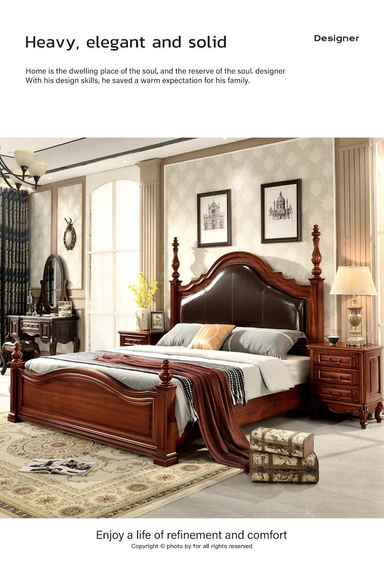 Customized American Style Solid Wood Bed with Genuine Leather Double ...