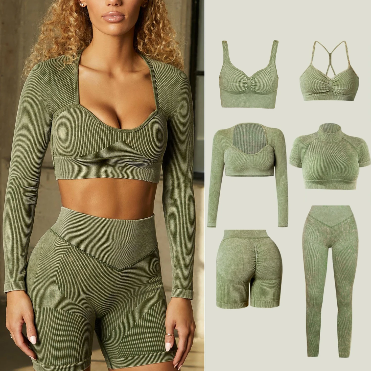 Gym Workout Fitness Set Sports Bra High Waist Leggings Fitness Yoga Wear Seamless 6pcs Women ...