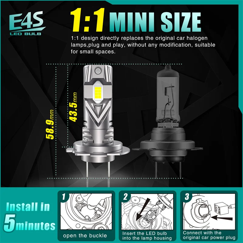 60W E4S H7 LED Headlight Bulbs - Mini Size & Canbus Fog Light