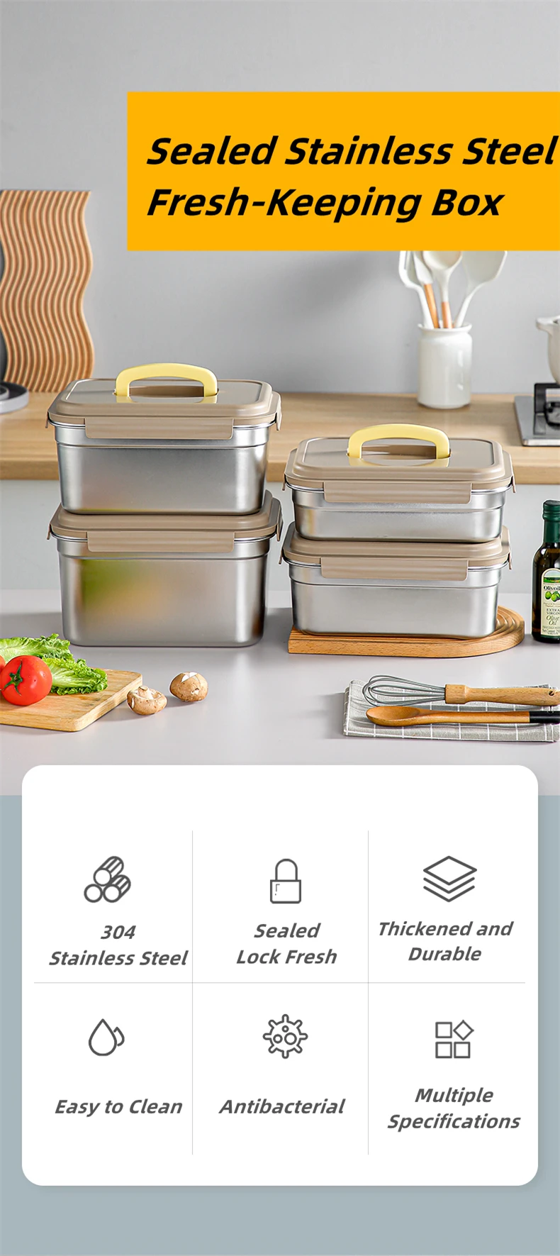 304 Stainless Steel Food Storage Container Airtight Metal Food ...