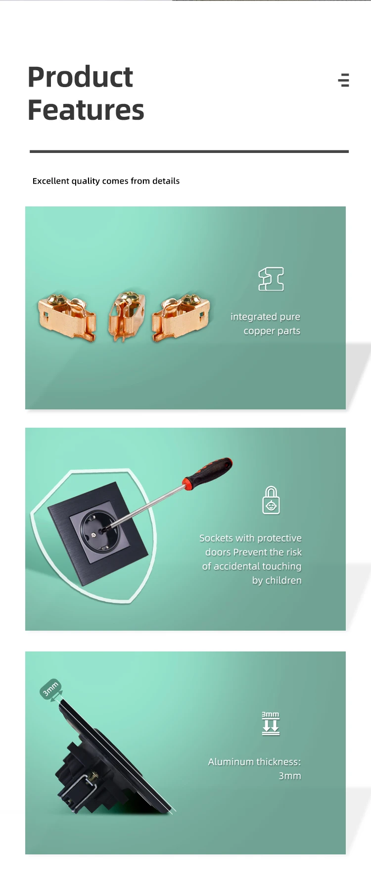 86mm Aluminum Panel German Standard Wall Switch & Socket