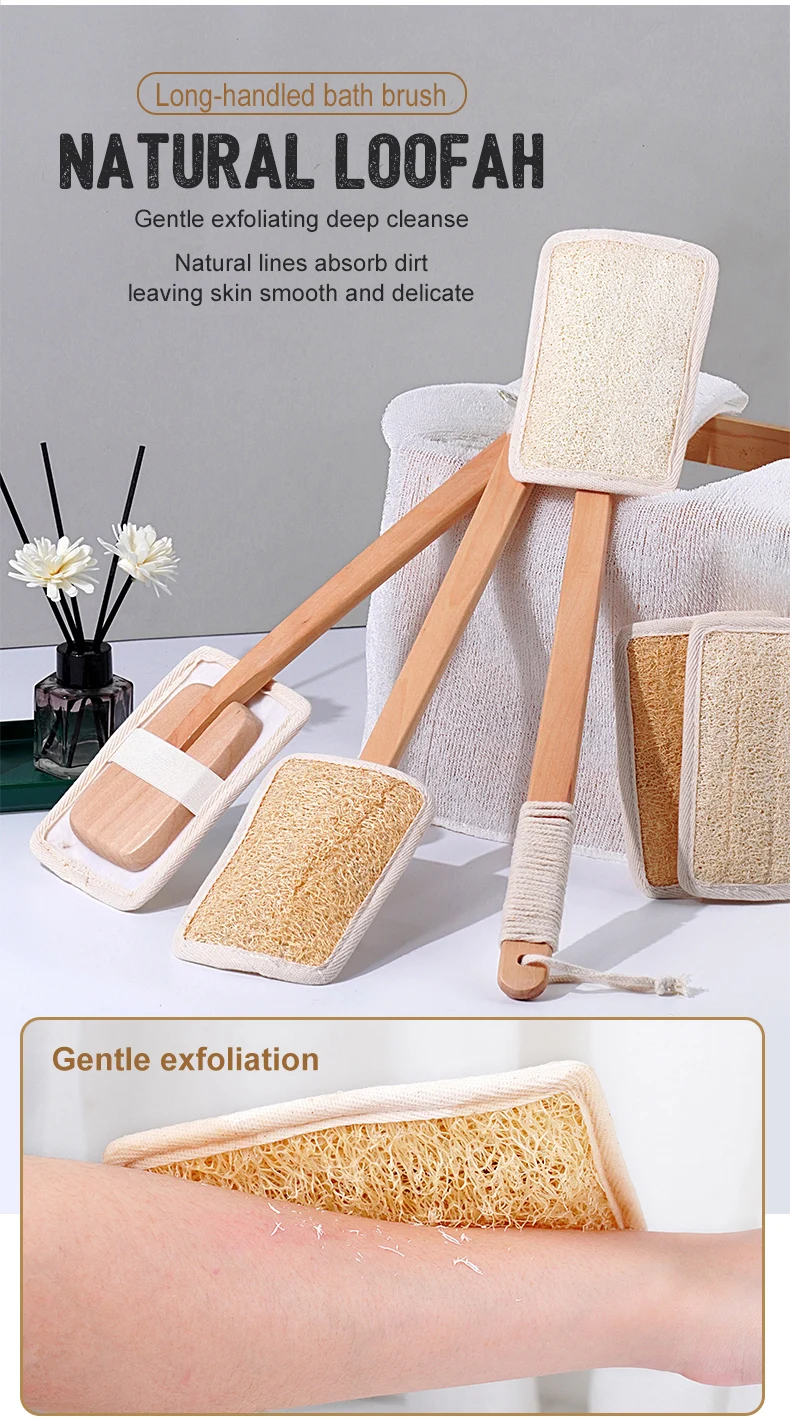Luffa Loofah Sponge Exfoliating with Long Wooden Handle Natural Back ...