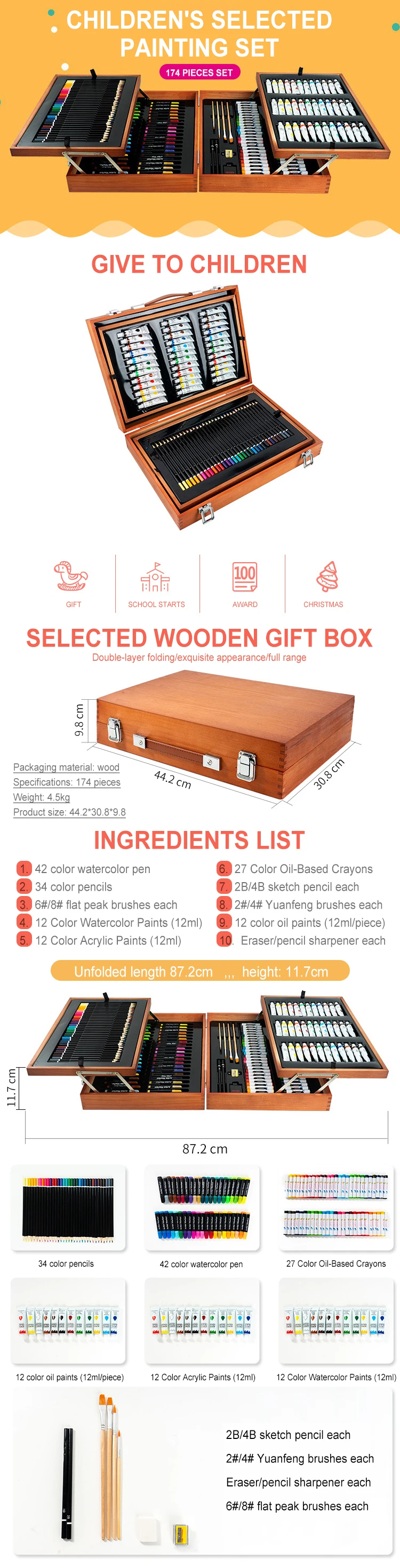 Wooden Box Art Set, Customized 174 Pcs Kids Wood Artist Drawing ...