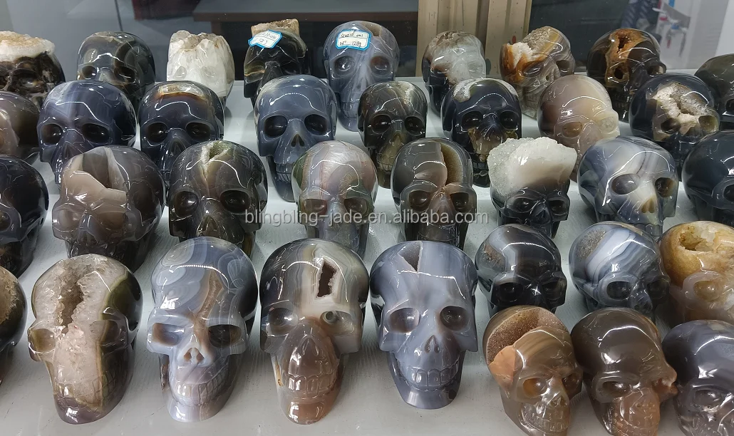 Hand Carved Agate Amethyst Geode Crystal Skull - Home Decor