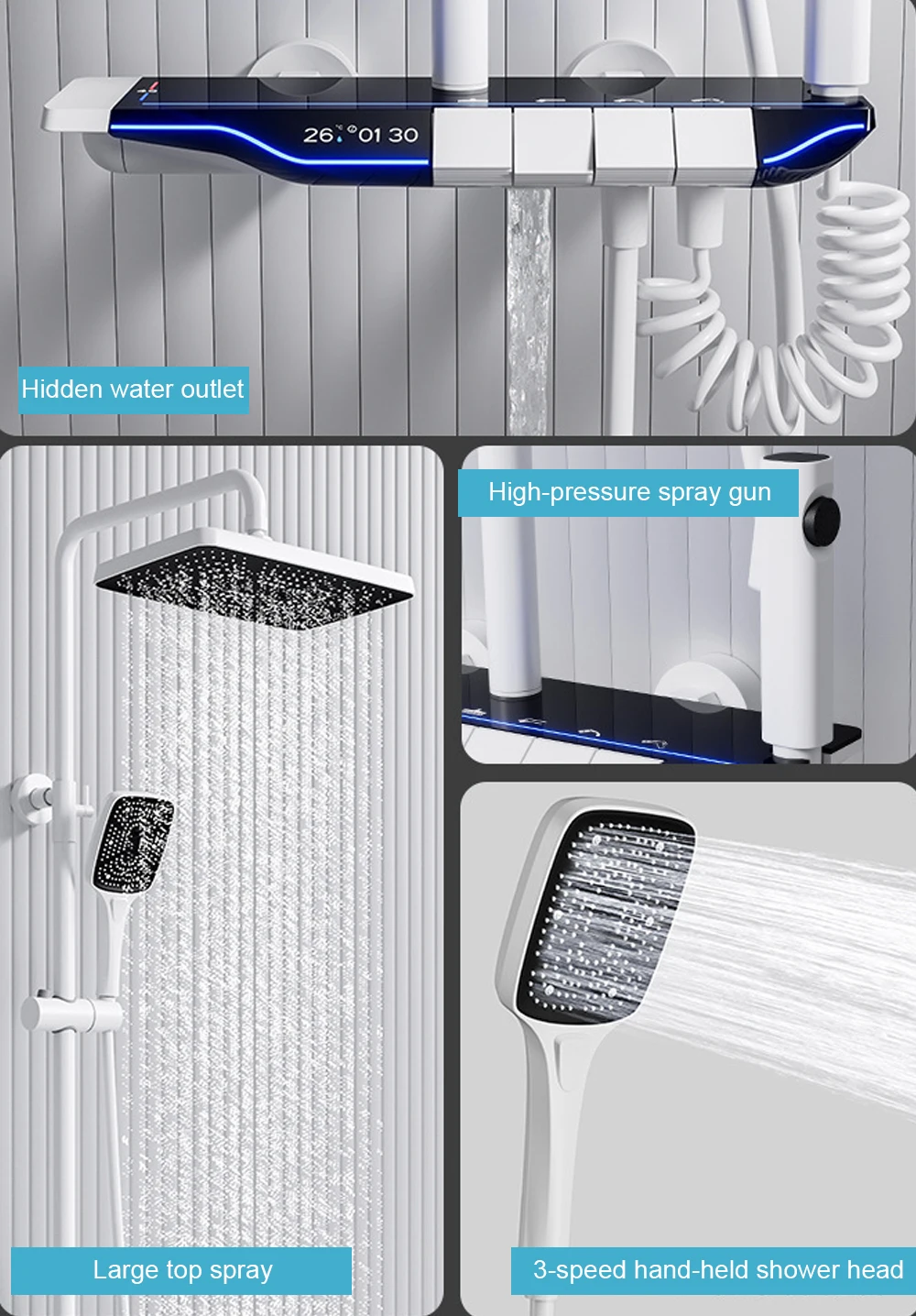 Led Exposed Thermostatic Piano Shower Digital Display Gun Grey Bathroom ...