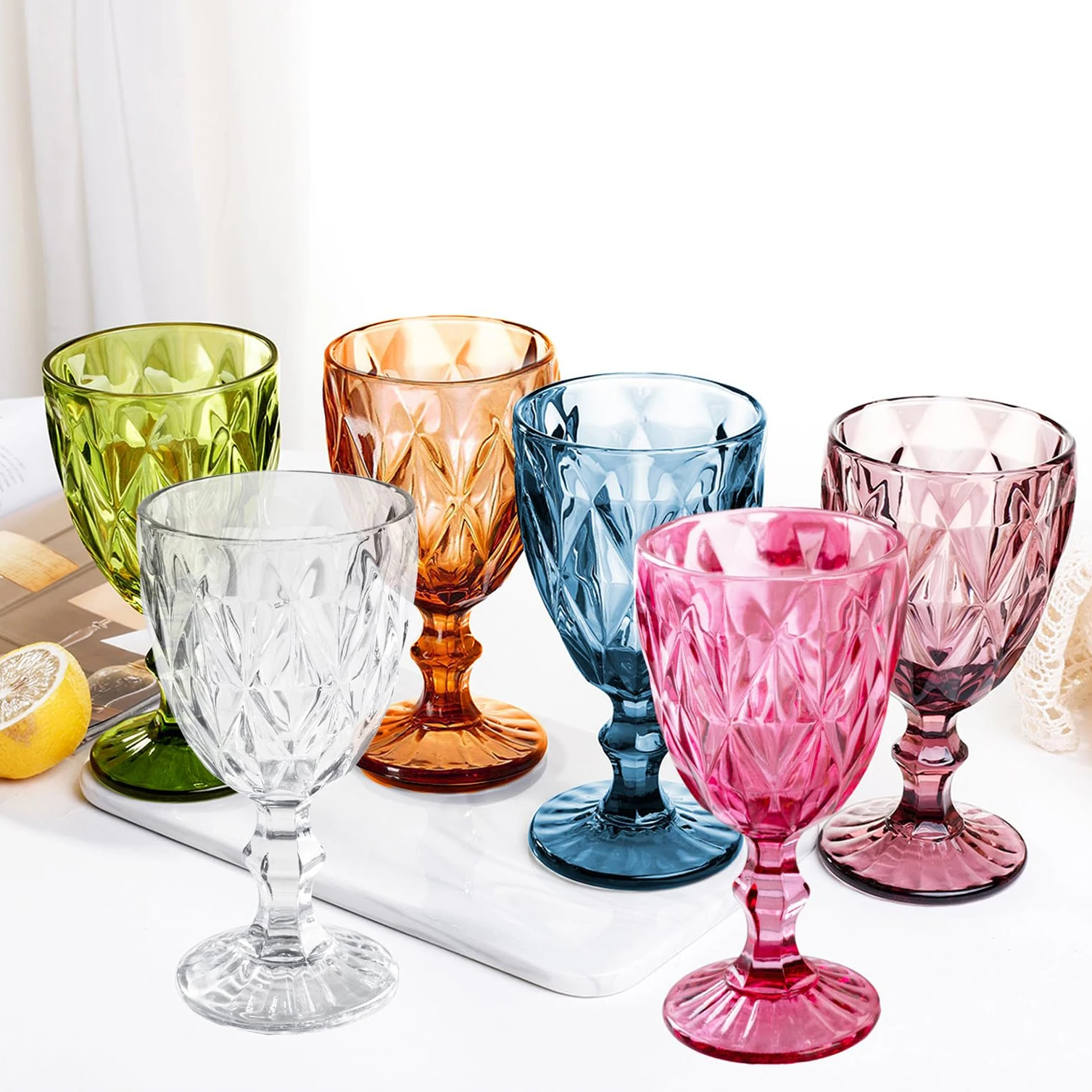 Hot Sell Pink Blue Diamond Colored Wine Glasses Champagne Cup Wedding Drinking Glassware Water Goblet Vintage Goblets Glass