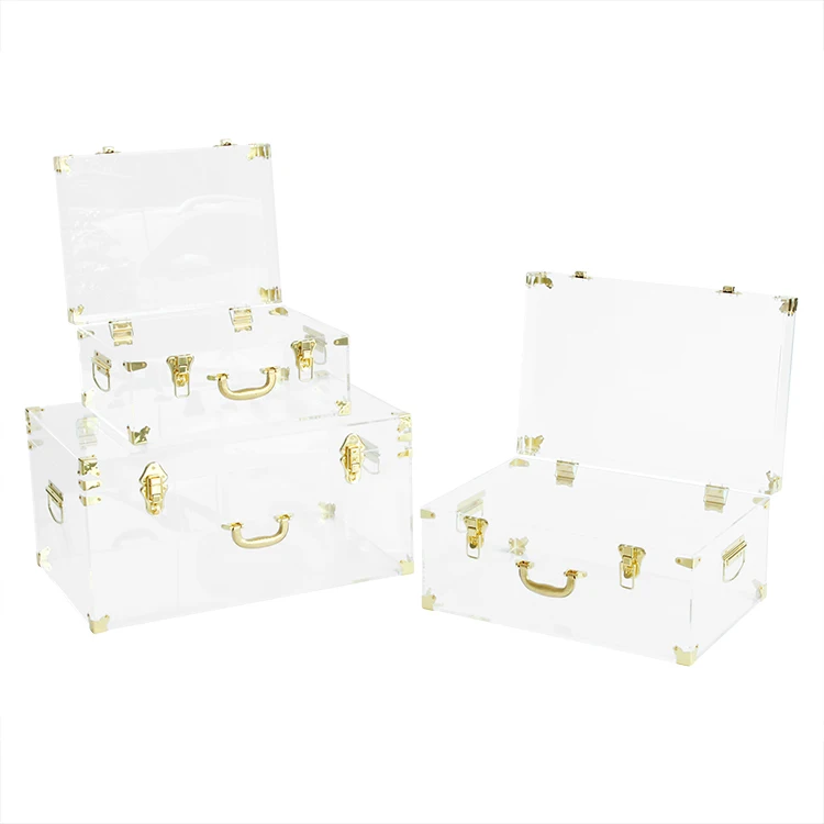 Set of 3 Clear Acrylic Trunk Modern with Gold Handles
