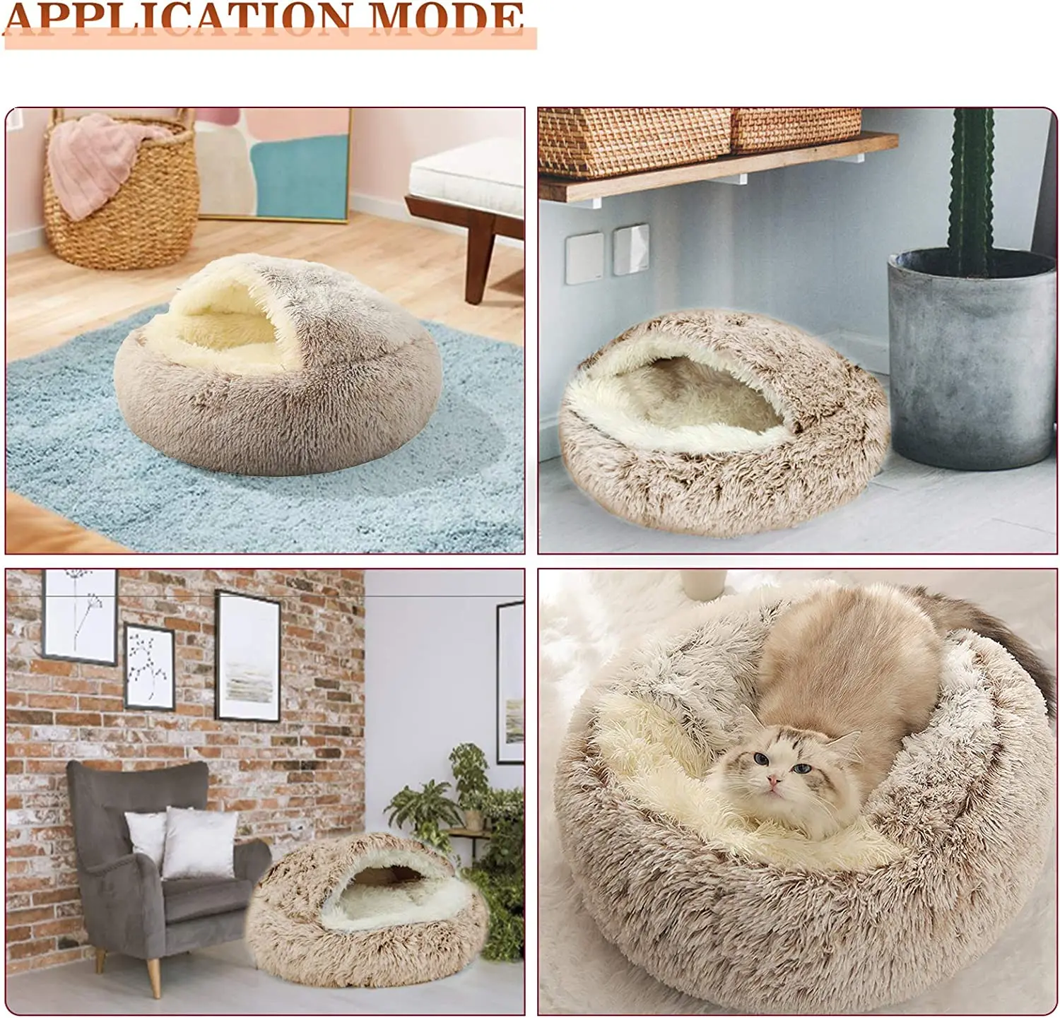 Anti-slip Waterproof Bottom Cat Bed Round Fluffy Hooded Cat Bed Cave ...