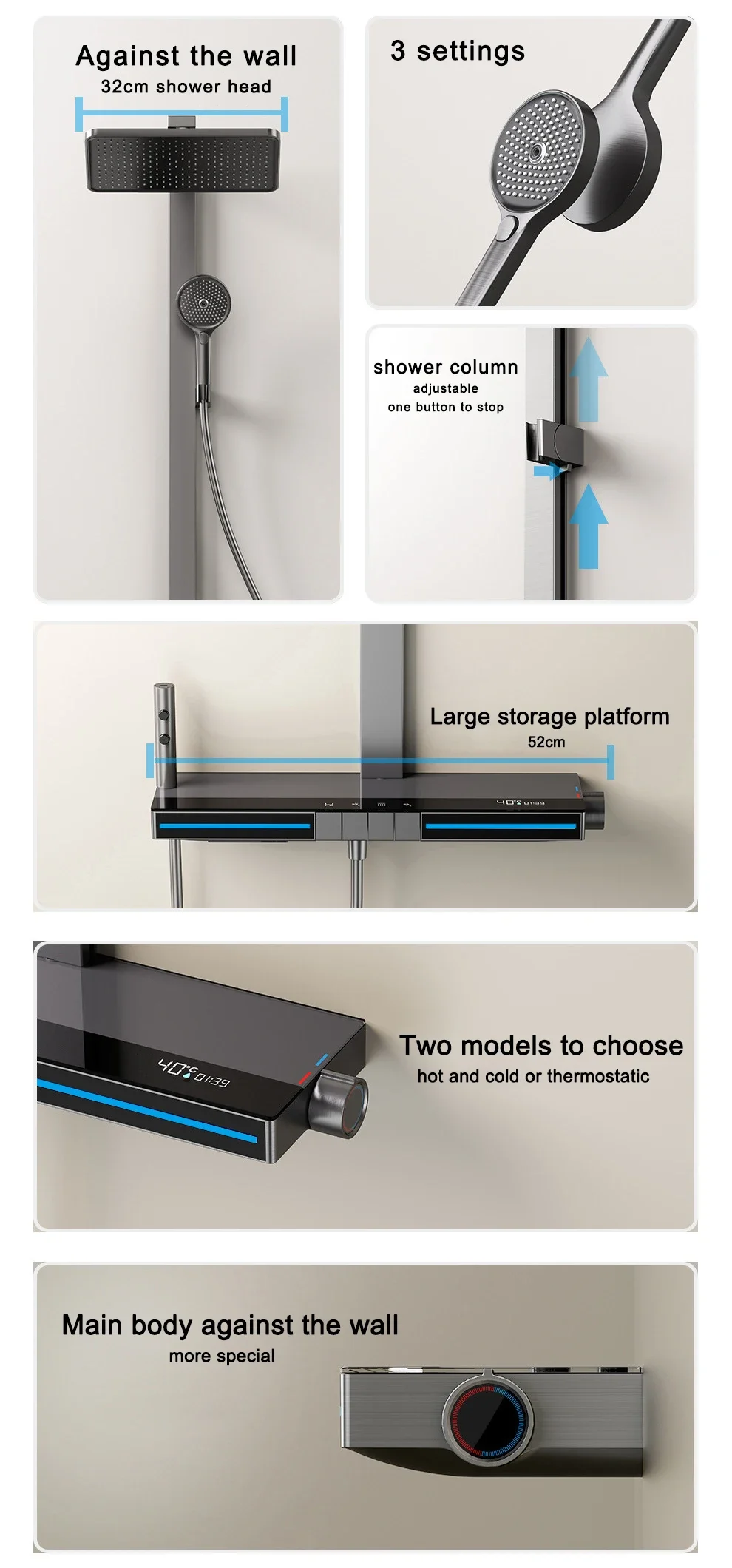 4 Function Rainfall Shower System With Temperature Display Piano Key ...