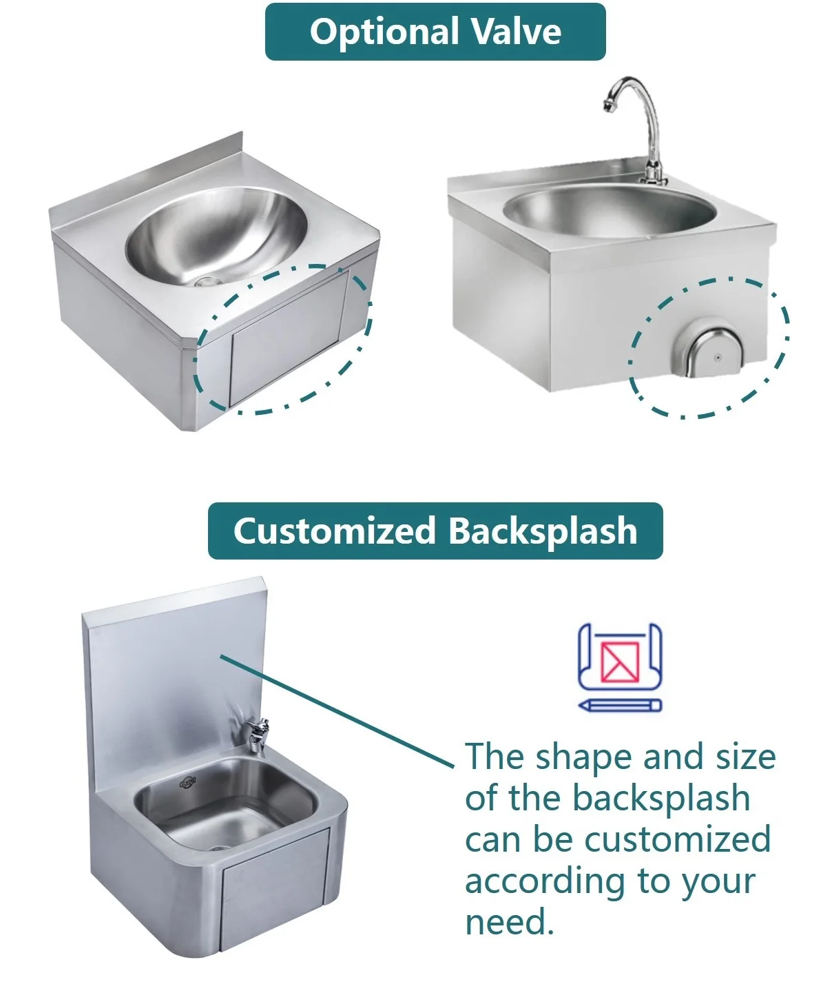 304 Stainless Steel Hand Wash Sink - Wall Mounted & Hands Free