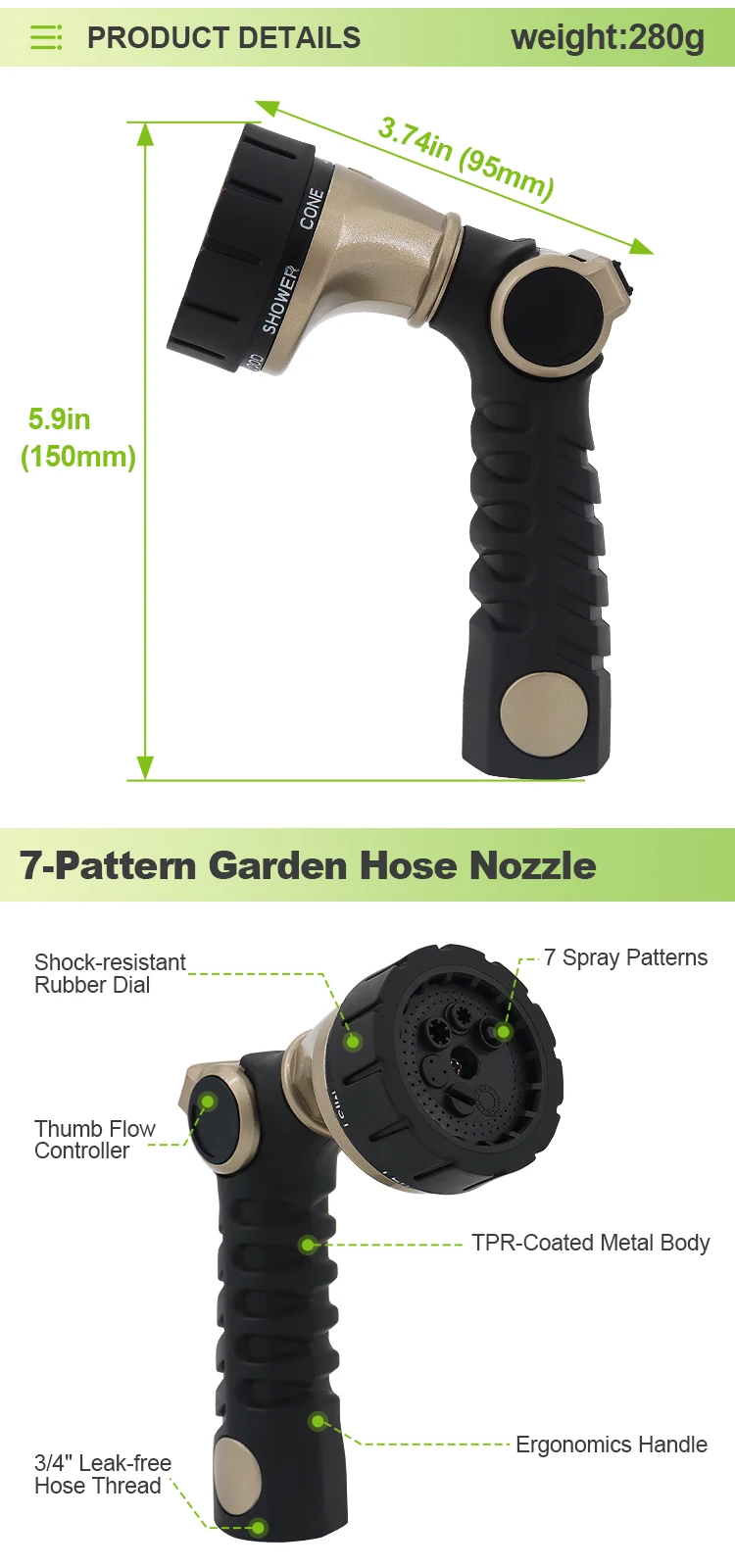 Sunshine Metal Hose Nozzle 7 Patterns Spray Gun Zinc Alloy Body - Buy ...