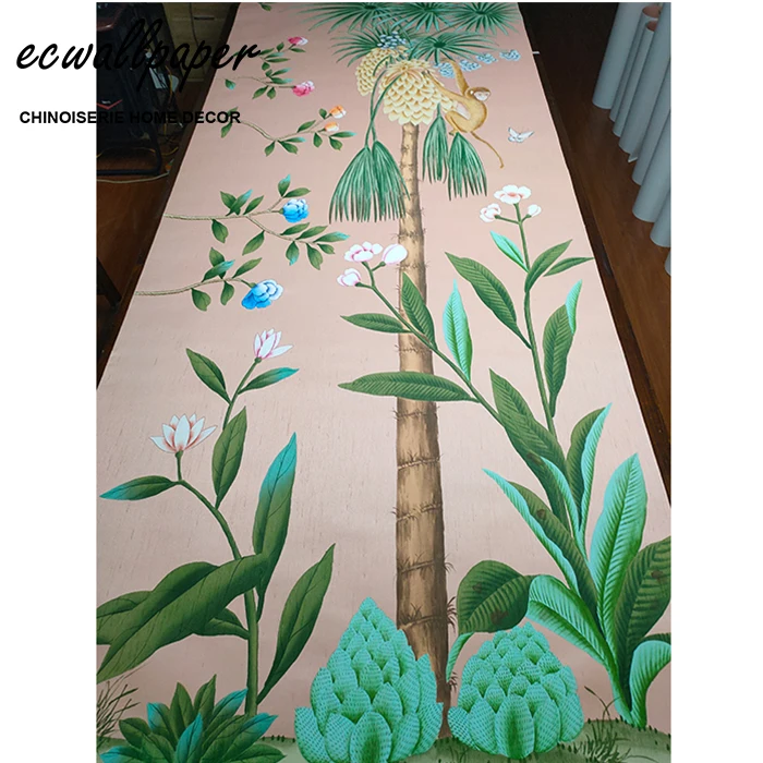 Palm Tree Chinoiserie Wallpaper Hand Painted Wallpaper On Pink Silk ...