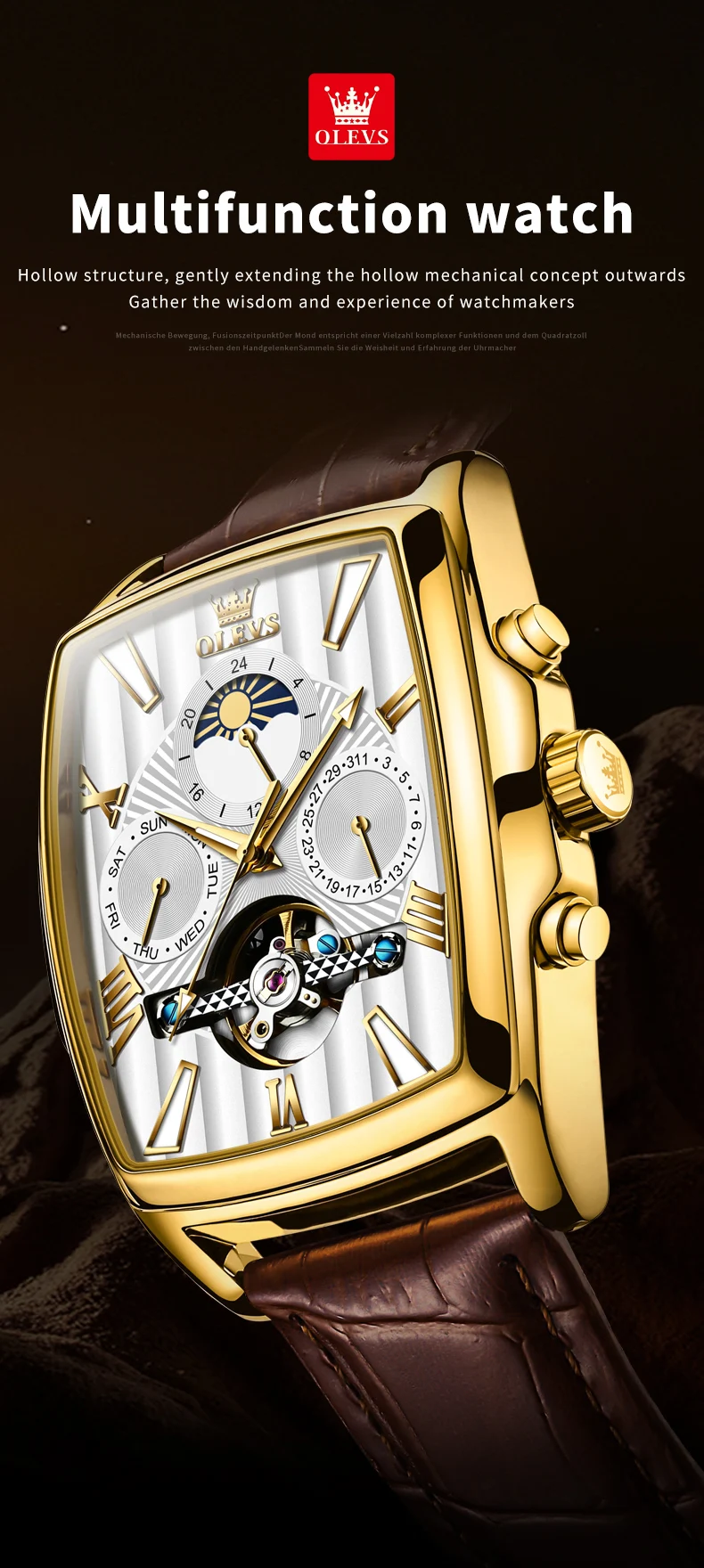 OLVES 6675 Skeleton Moonphase Watch - Luxury & Waterproof