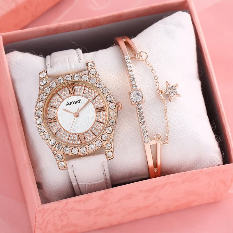 New Luxury Women's 2pcs Gift Set Iced Diamond Quartz Watches Bracelet ...