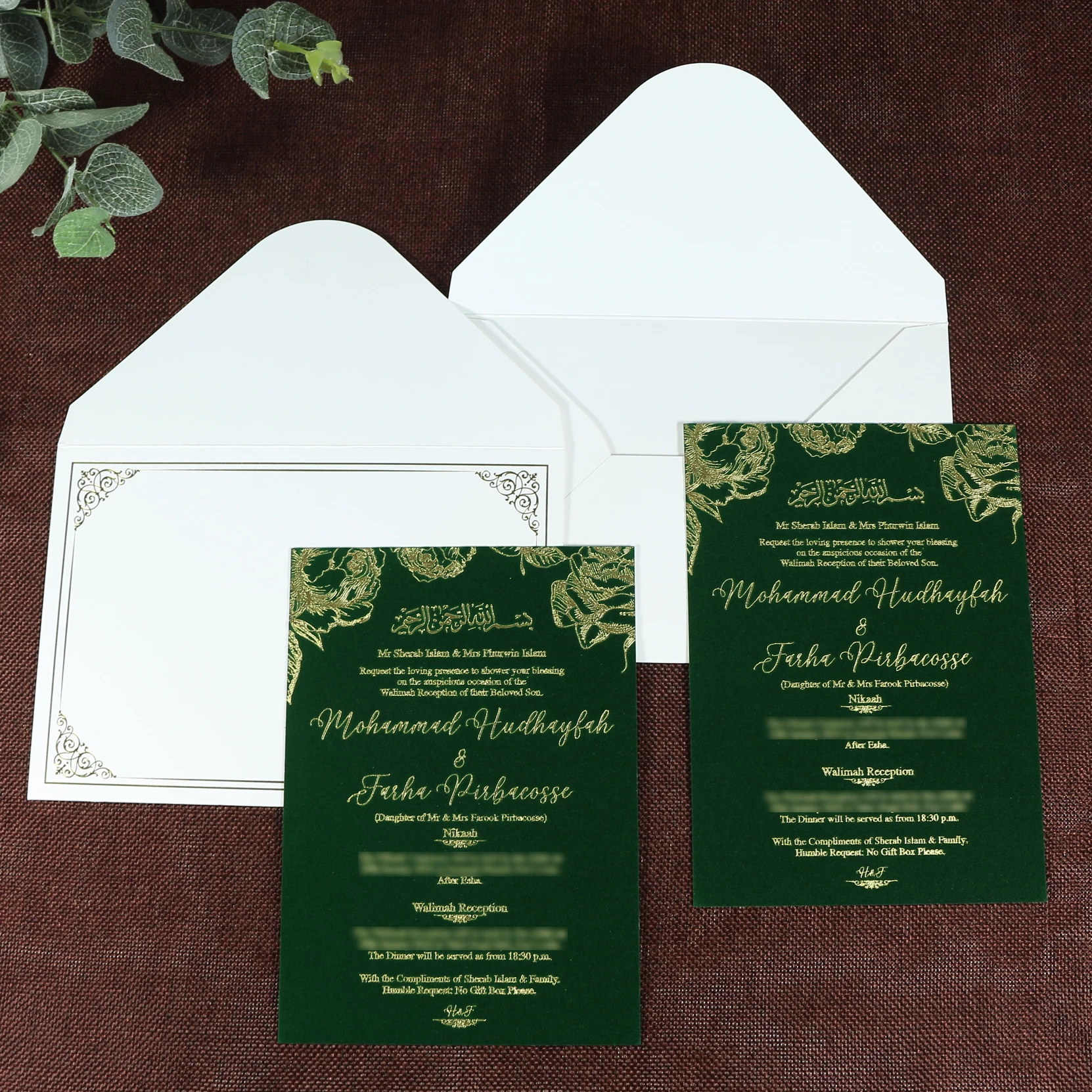 Lux Green Velvet Wedding Invitation Card Suede Invites With Envelope ...
