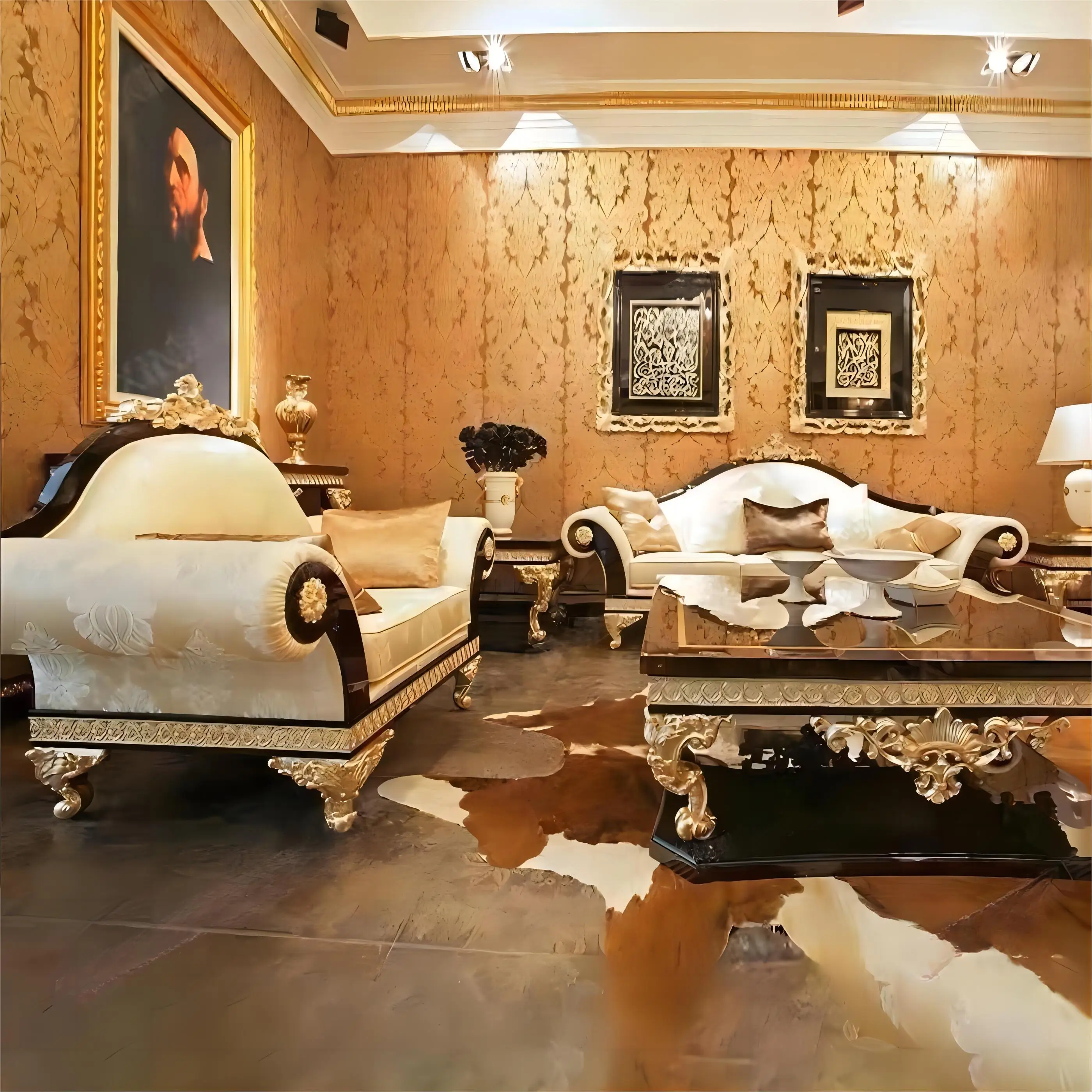 European Vintage Style Villa Living Room Solid Wood Hand Carved Fabric ...