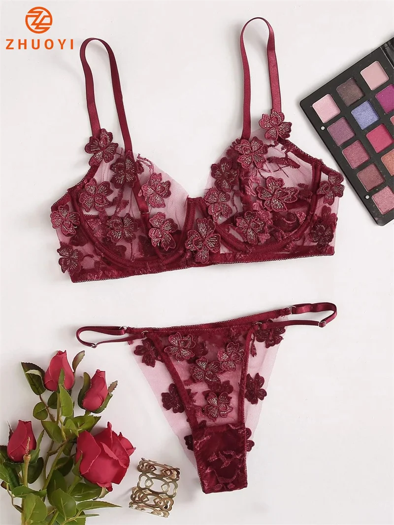 Ladies Erotic Bralette G String Underwear 2 Piece Hollow Out Lace Women