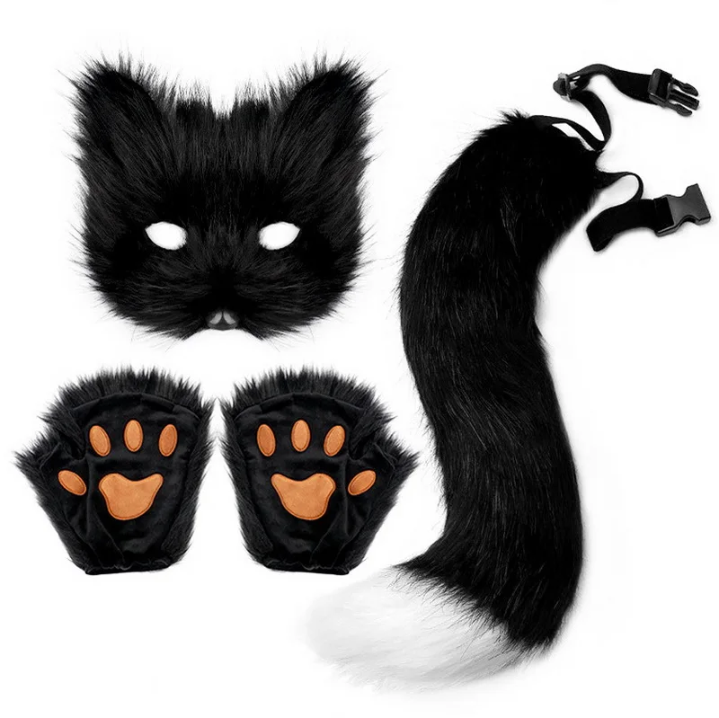Furry Costume Half-Face Fox Mask with Fox Tail and Therian Paws Fluffy ...